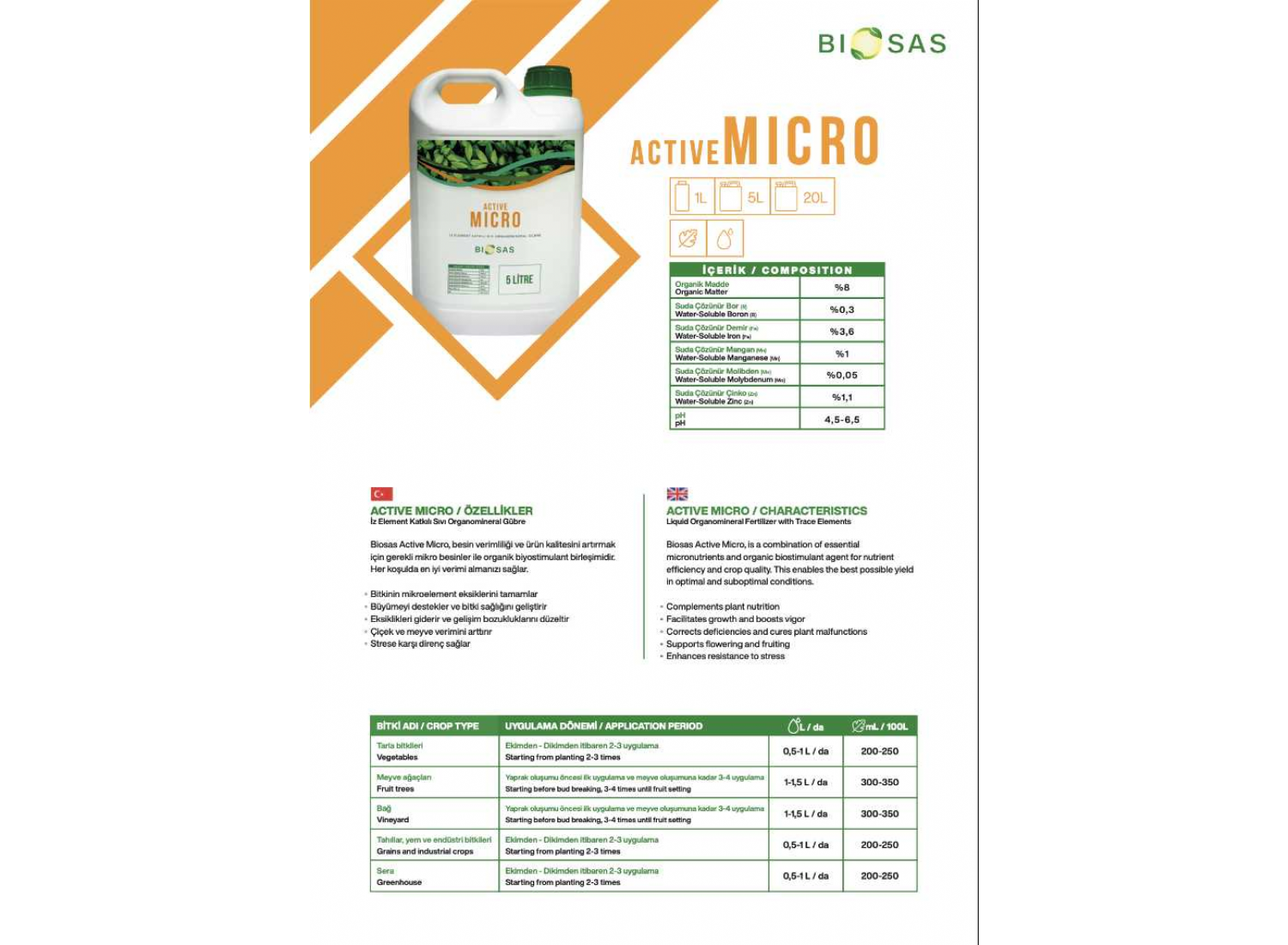 Biosas Active Micro 5 LT İz Element Katkılı Orgamineral Gübre ...